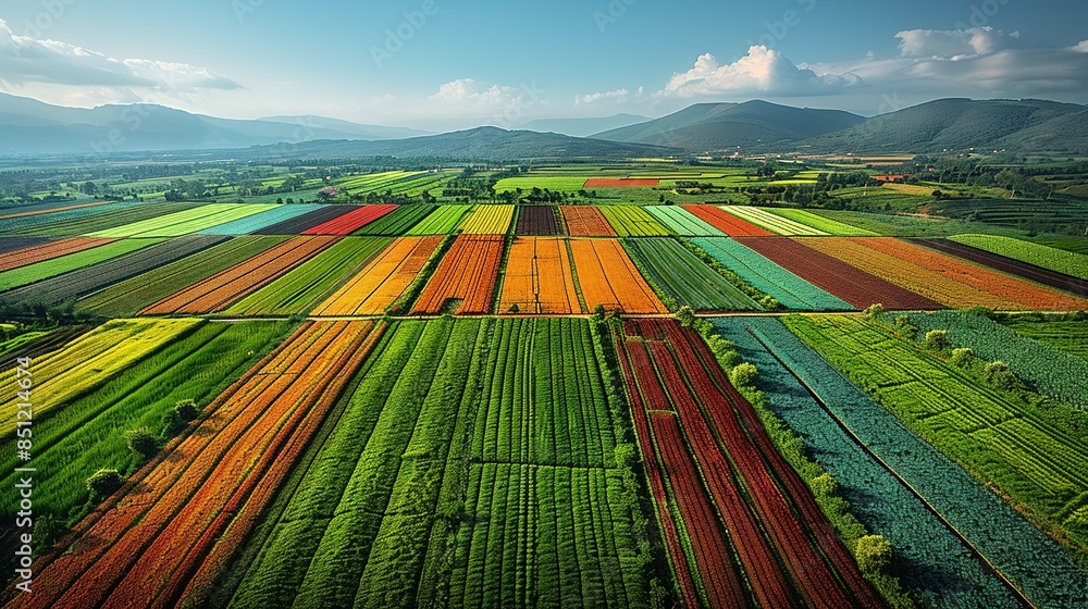 Close-up aerial view of agricultural fields, where the varying colors ...