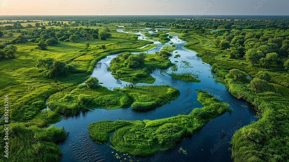 Detailed aerial photograph of a wetland area, where the natural ...