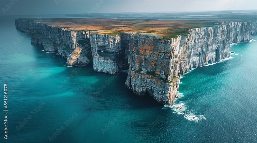 Detailed aerial view of a coastal cliff, where the contrast between the ...