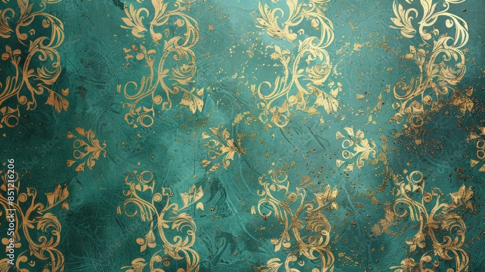 Vintage Teal Background with Gold Metallic Pattern on Digital Paper ...