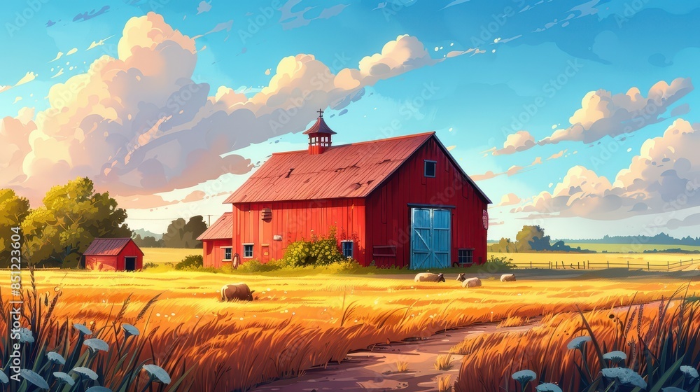 Wheat farm with barns and wheat crops, beautiful landscape with clouds ...