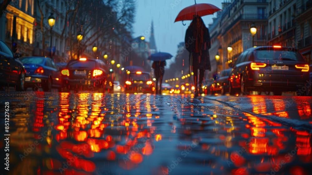 Rain-slicked cobblestone streets gleam under the soft glow of street ...