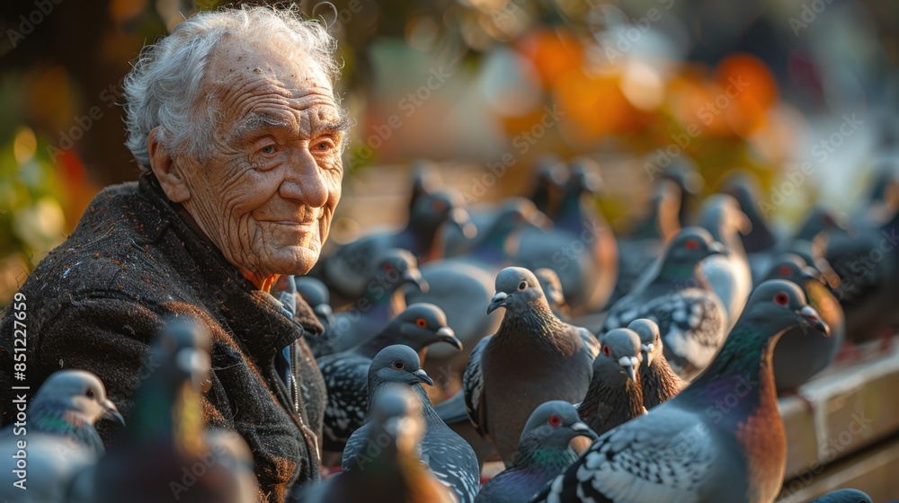 An elderly man with a weathered face sits on a park bench, feeding ...