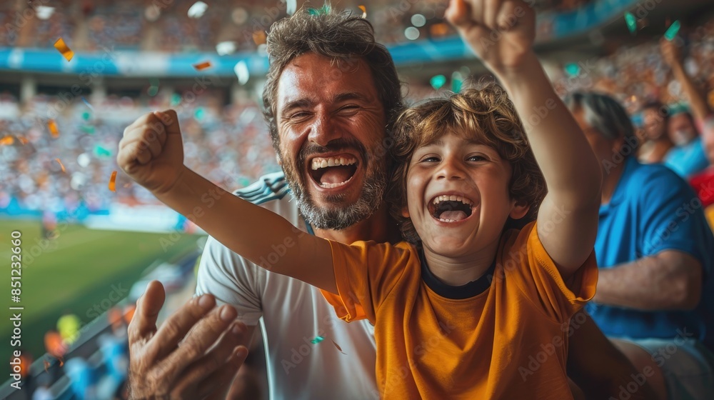 Excited father and son celebrating goal in football stadium stands ...