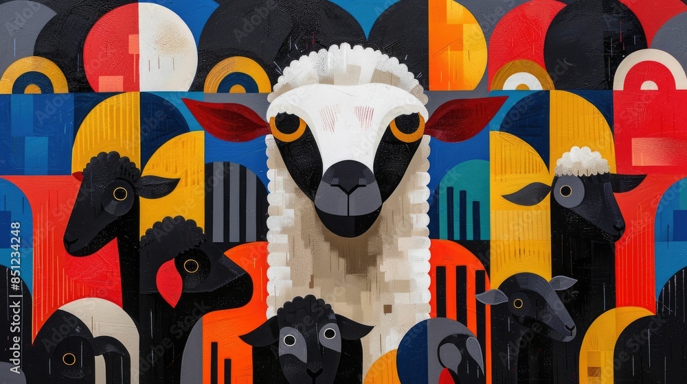 Colorful geometric artwork featuring a central white sheep amid vibrant ...