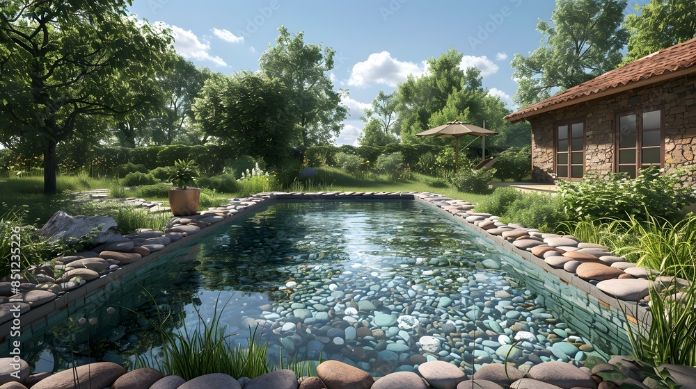 Pebble bottom swimming pool with stone coping and lush landscaping ...