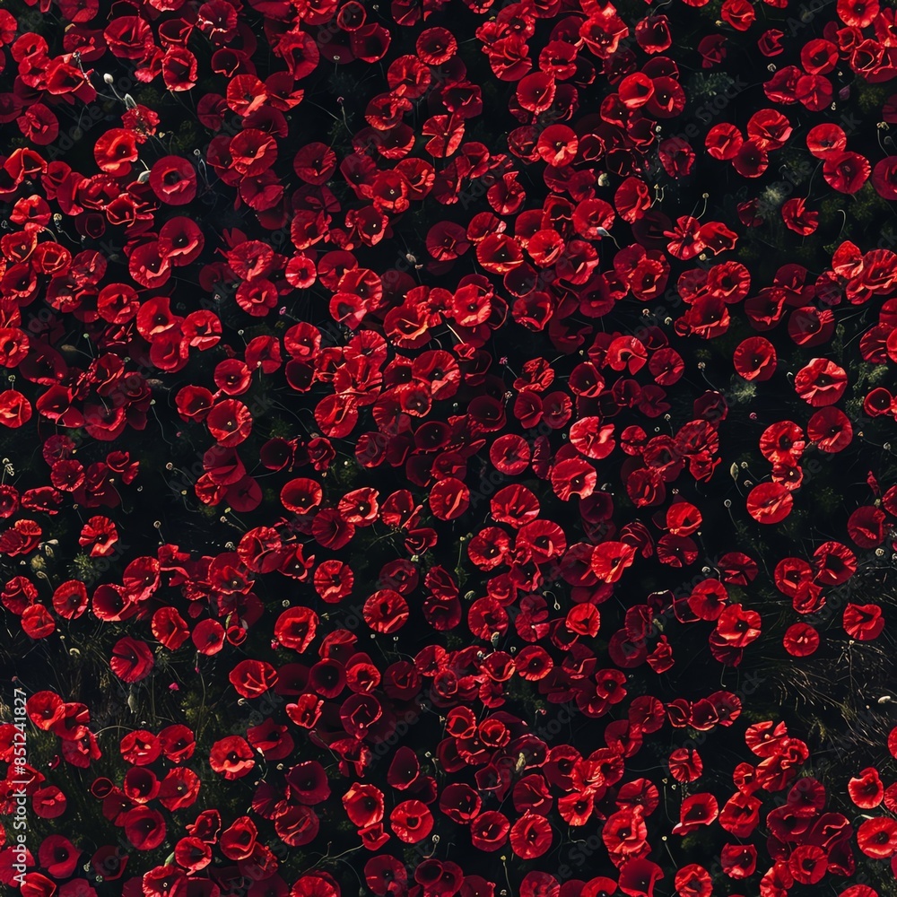 Overhead drone shot of a red poppy field, creating a vivid red carpet ...