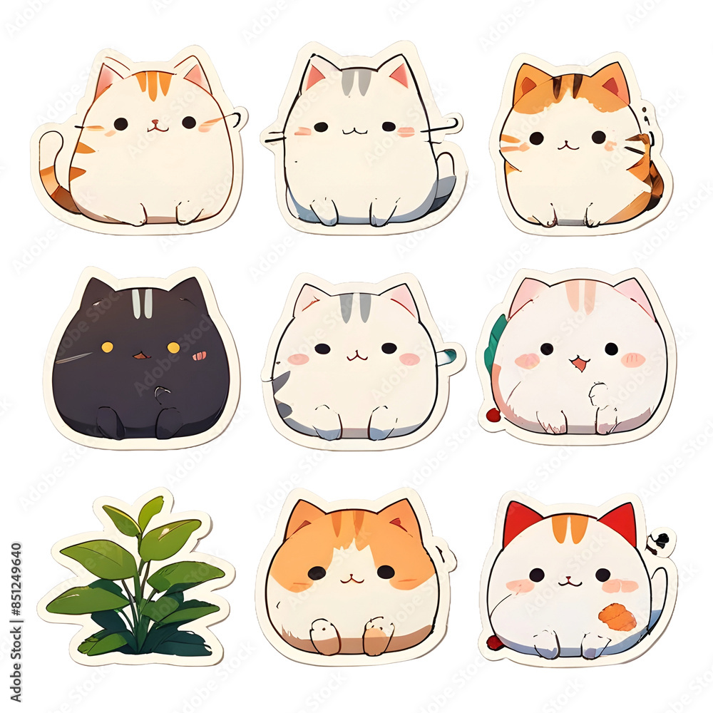 nine adorable cartoon cat stickers, each with a unique design and ...