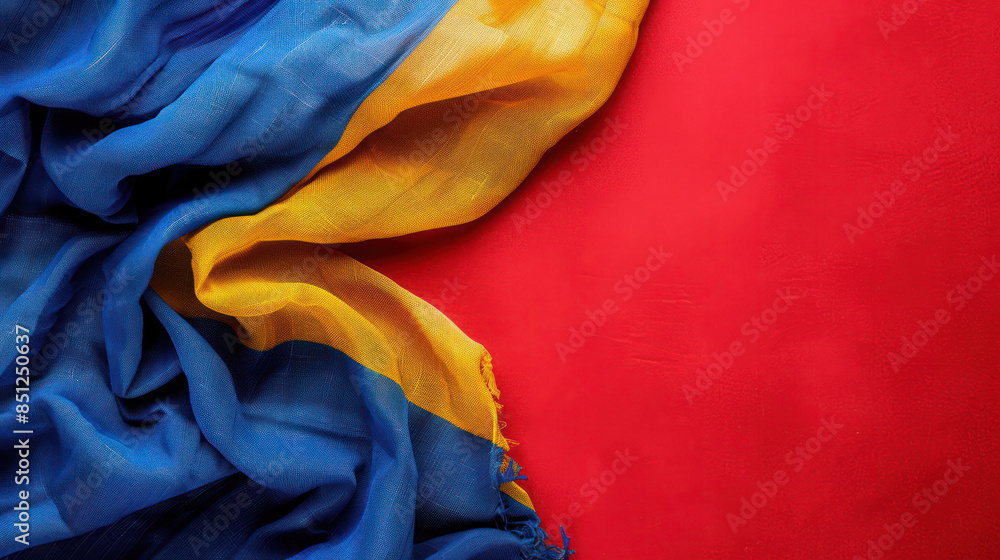 Vibrant Fabric Textures in Blue and Yellow on Red Background Artistic ...