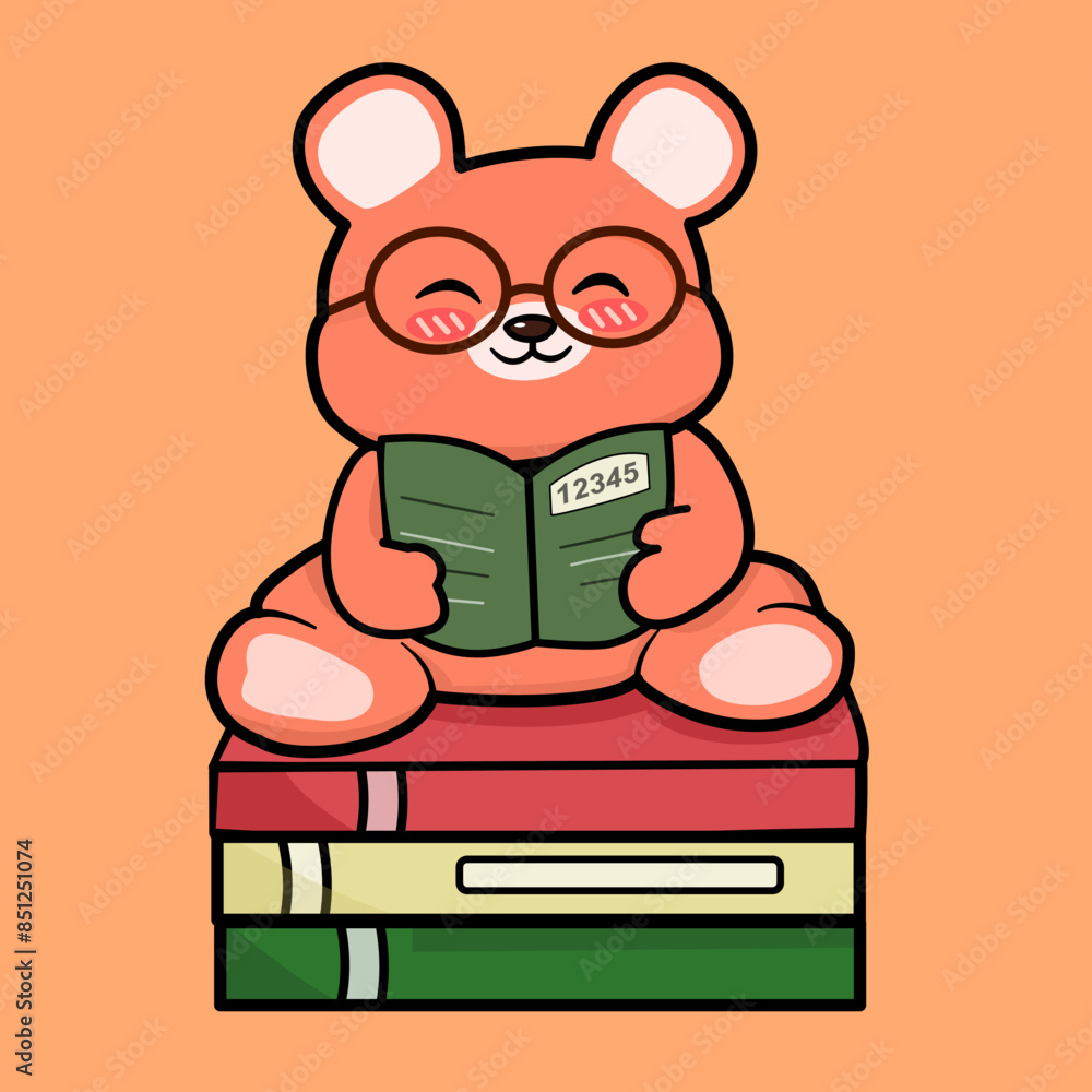 Cute teddy bear reading school book flat cartoon illustration vector ...