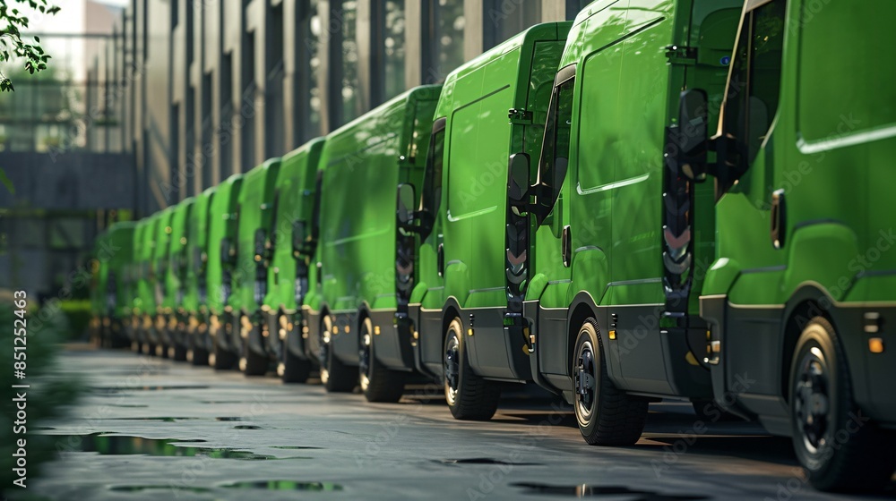 In a modern urban setting, a line of electric vans adorned with green ...