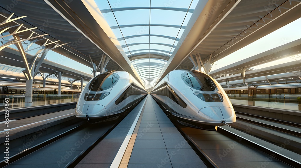 High-speed rail network with multiple trains arriving picture Stock ...