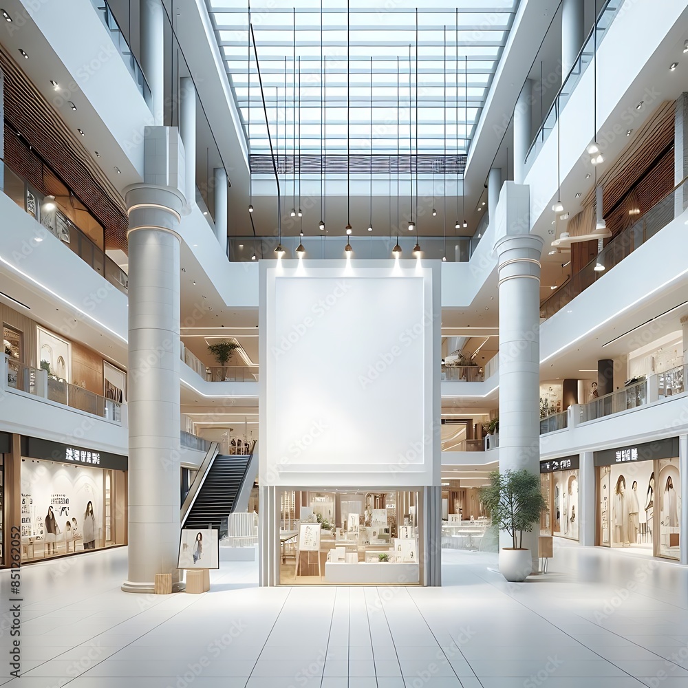 Modern commercial building interior with A large blank white screen ...