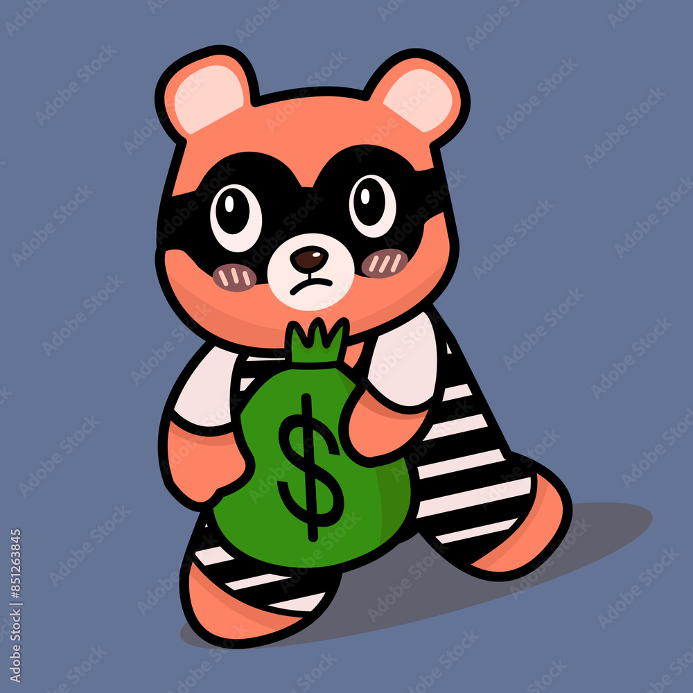Cute little teddy bear thief holding stolen gold flat cartoon ...