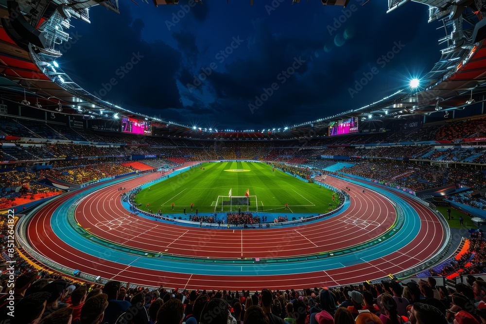 Stadium at night with empty track field illuminated by lights ...