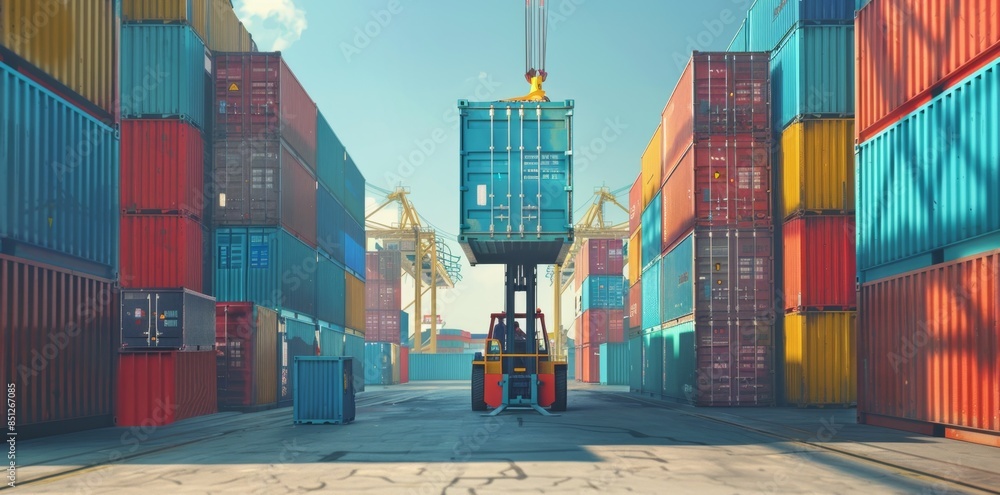 Forklift lifting an empty blue container from the top of a stacked pile ...