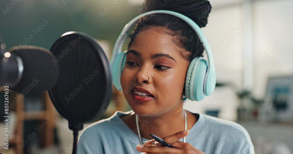 Podcast, presenter and talk show on radio with microphone and reporter ...