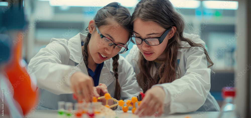 Female students working together in the laboratory, looking at the ...