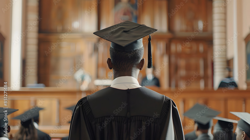 graduate in cap and gown facing audience during indoor commencement ...