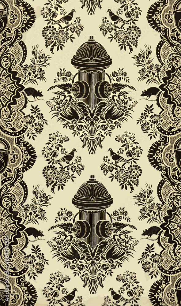 A whimsical toile wallpaper with a black-and-white pattern of floral ...