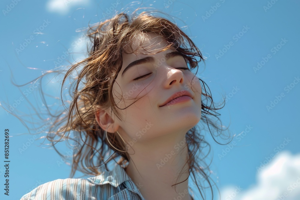 Photo of a European female model, side view, against a blue sky ...