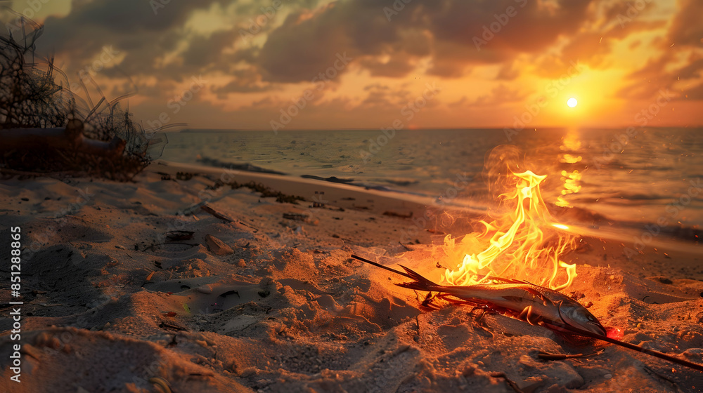 A small fire burning on the beach with a fish roasting on a stick, the ...