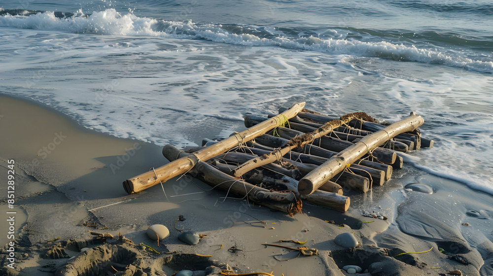 A makeshift raft being constructed from logs and vines, laid out on the ...