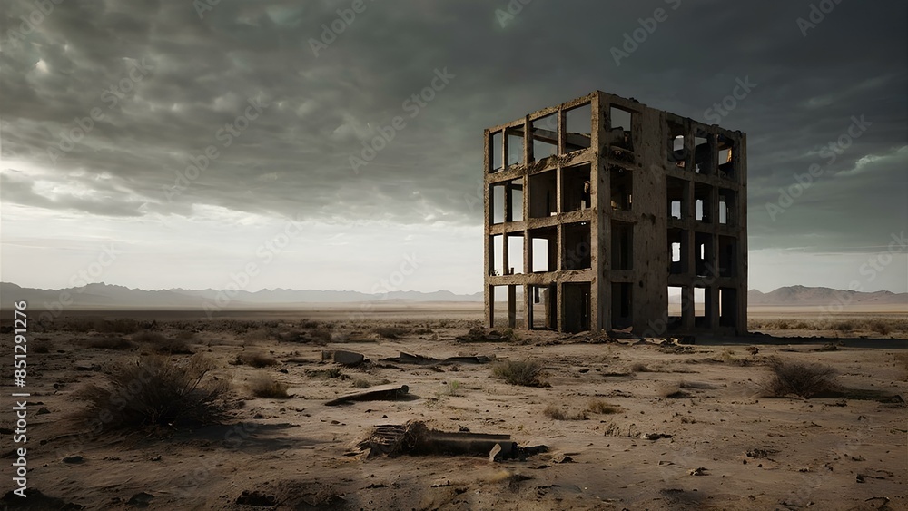 A desolate wasteland under a brooding sky, scattered remnants of a ...