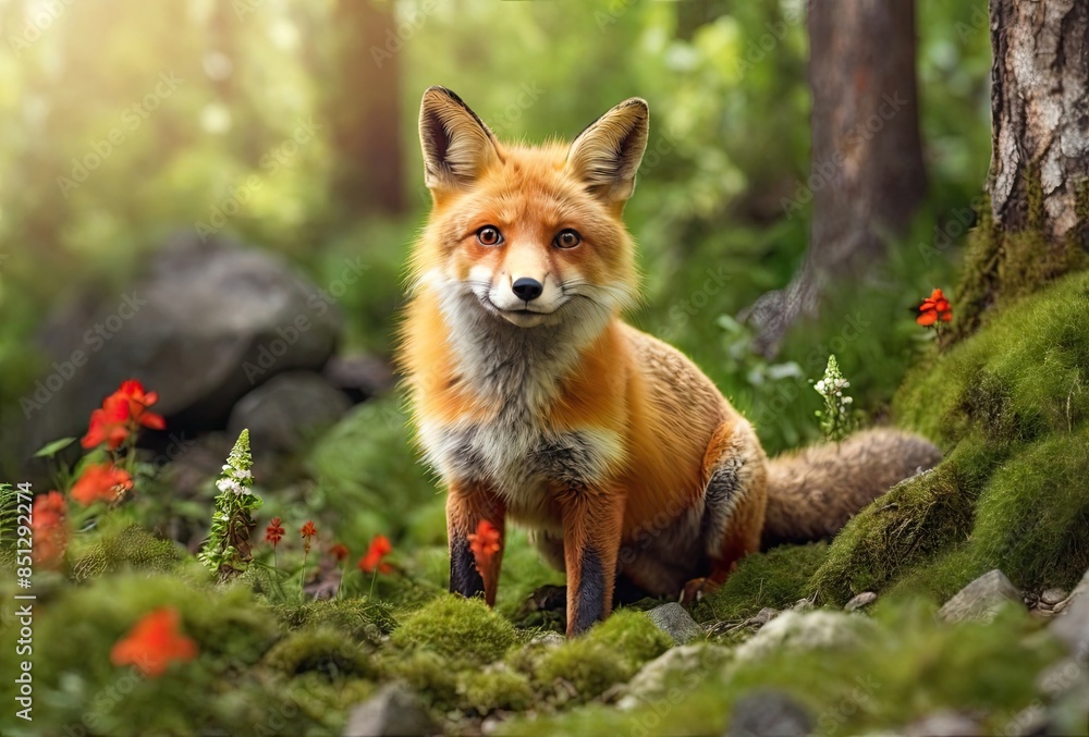 Fox in green forest. Cute Red Fox, at forest with flowers, moss stone ...