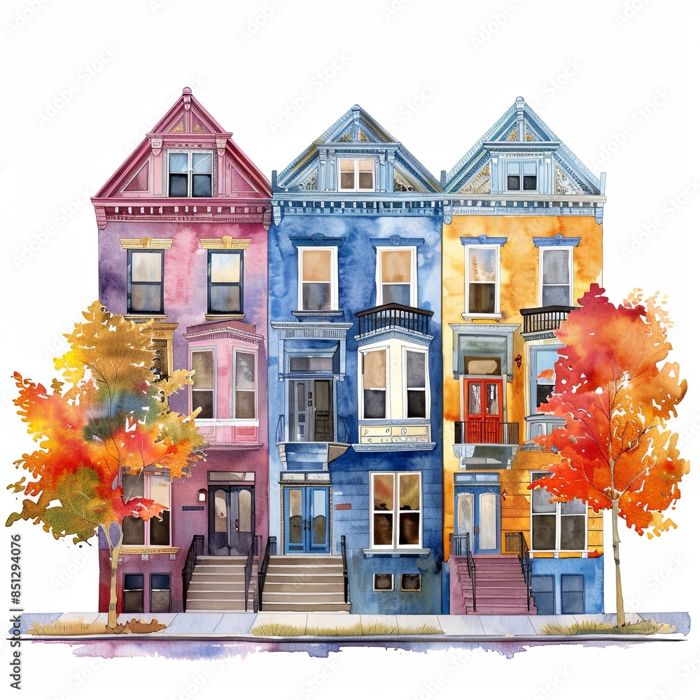 Colorful row houses watercolor clipart illustration on white background ...
