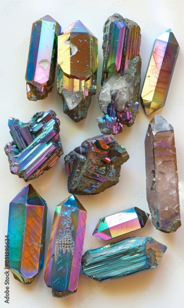 ภาพประกอบสต็อก Collection of iridescent mineral samples displaying ...
