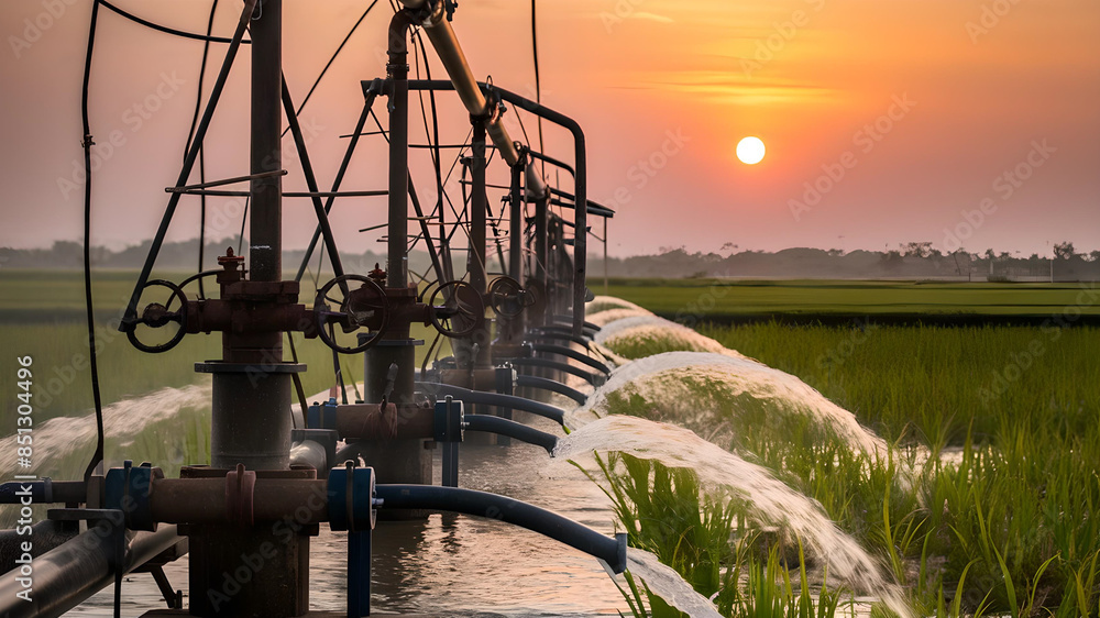 Irrigation of rice fields using ground water pumped through wells ...