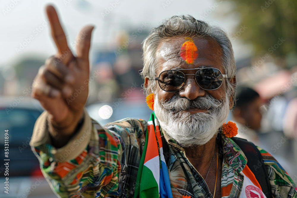 Indian man showing number one gesture wearing the indian flag colors ...