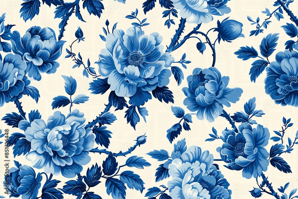 Elegant blue toile pattern with intricate Chinoiserie floral details ...