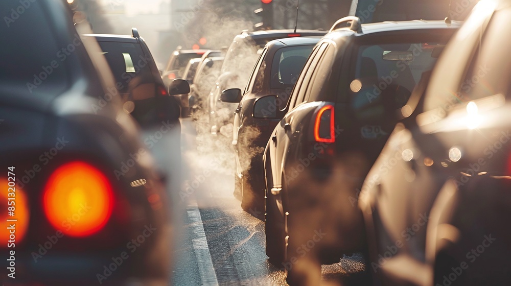 Air pollution from car exhaust smoke in city traffic, focusing on ...
