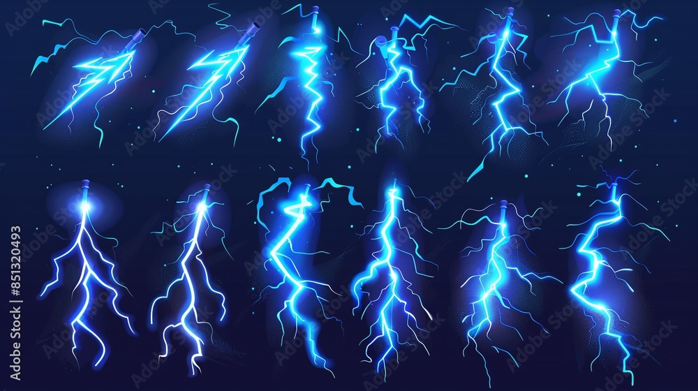 Cartoon lightning animation. Animated frames of electric strike, magic ...