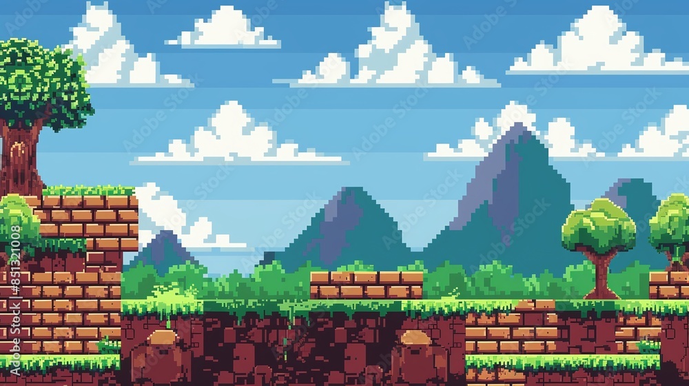 Pixel art game background with button level up. Game design concept in ...