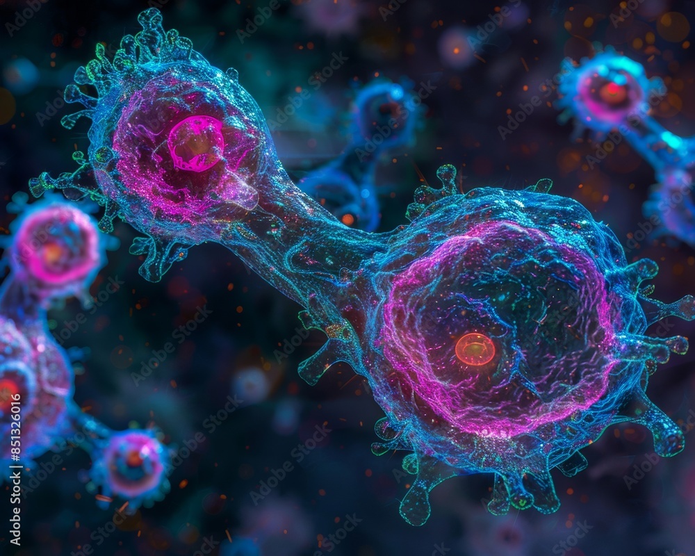 A vibrant depiction of the fluorescent cell division process ...