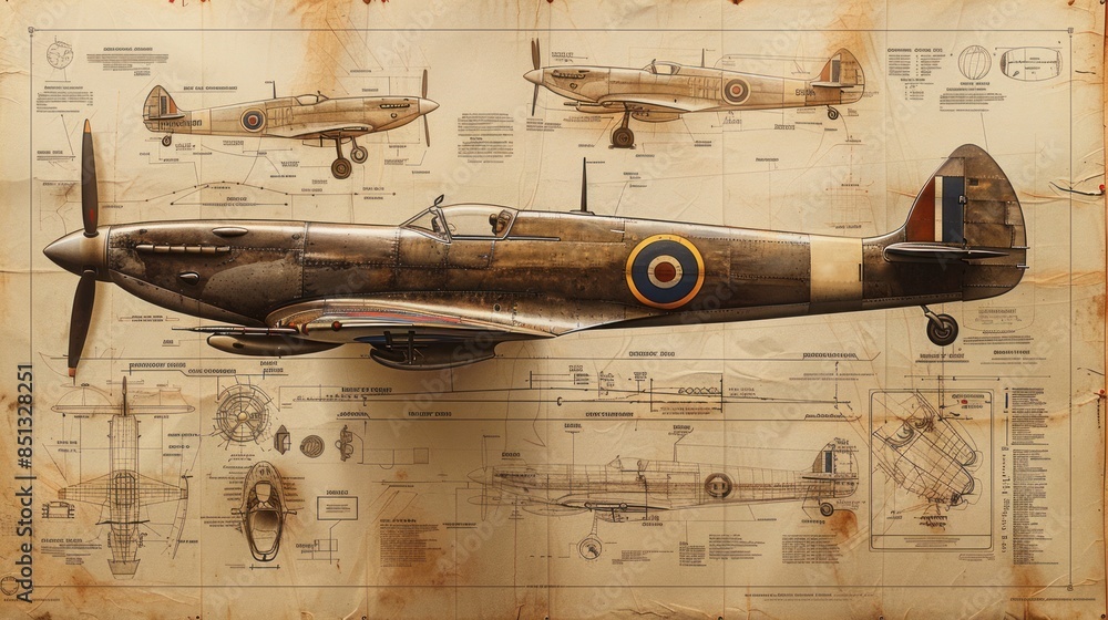 Detailed Schematic of a Spitfire Fighter Aircraft Stock Illustration ...