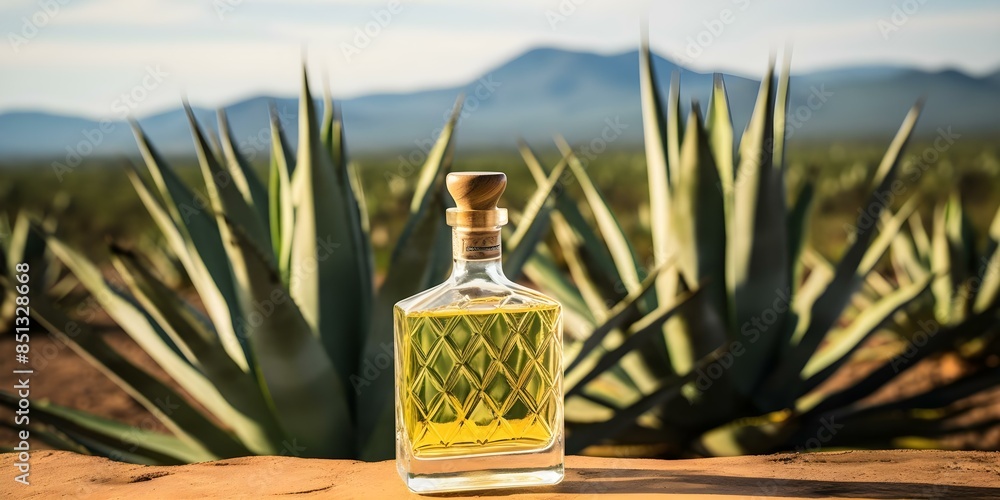 Tequila bottle near an Agave field showcasing the drinks origins ...
