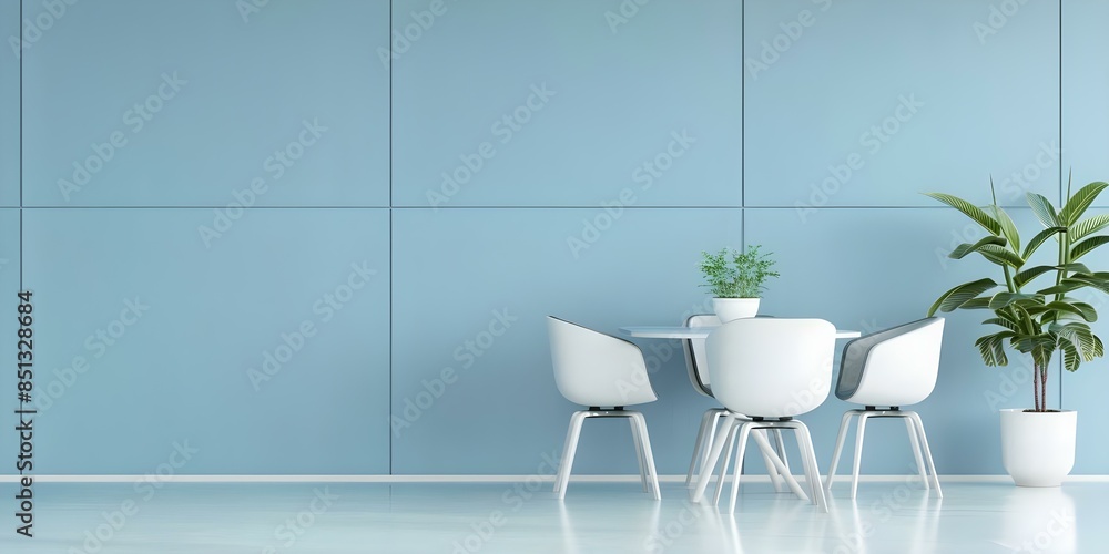 Simple office break room with soundproof blue panels and neutral ...