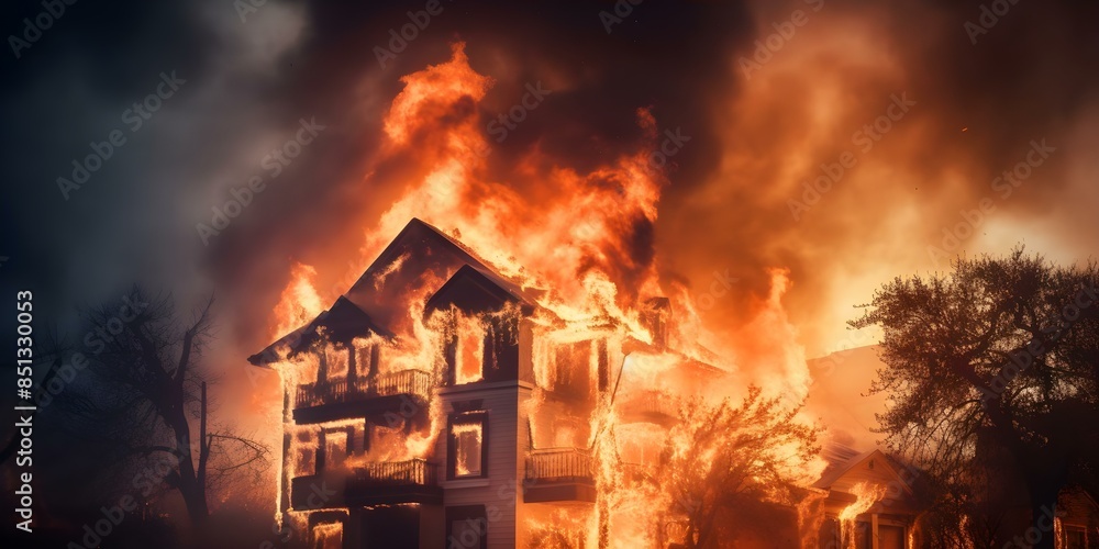 Residential building engulfed in flames with dense smoke highlighting ...