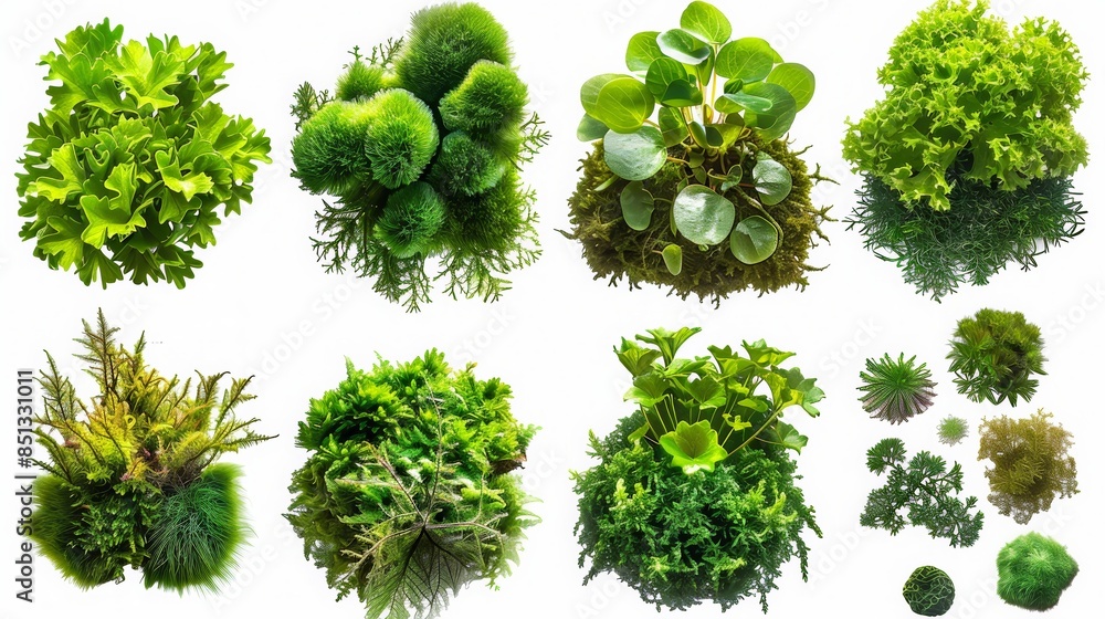 The image shows eight different types of moss balls. They are all ...