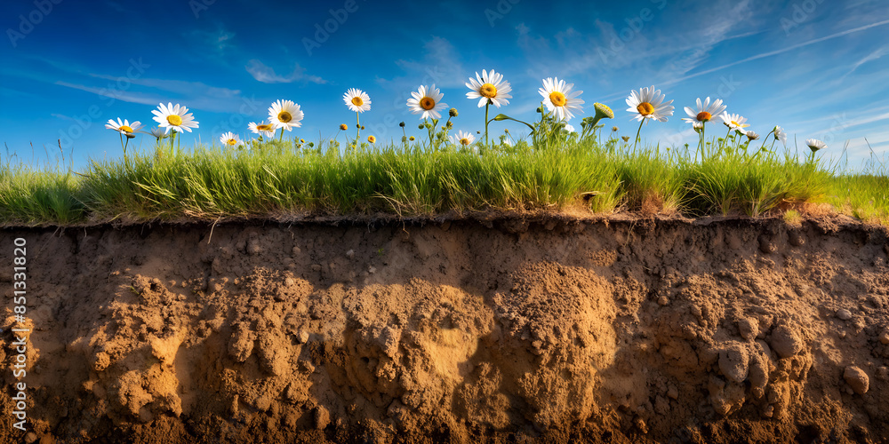 The daisies are growing on a green grass field and the cross-section ...