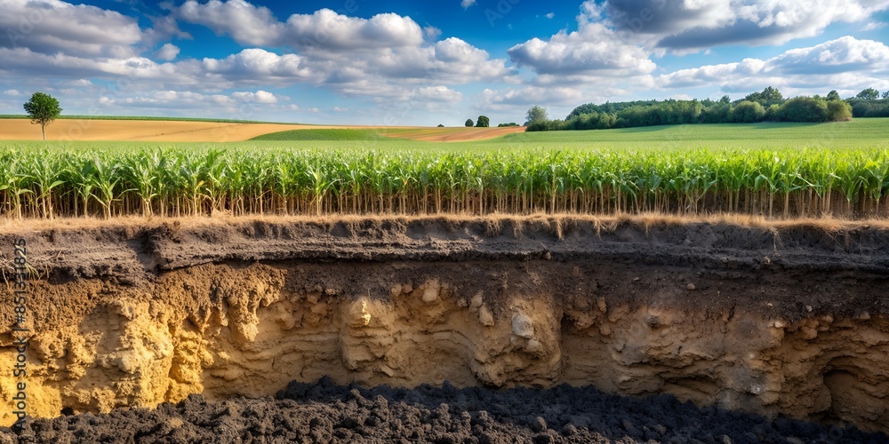 A cross-section of a humus-rich, dark-coloured type of soil shows an ...