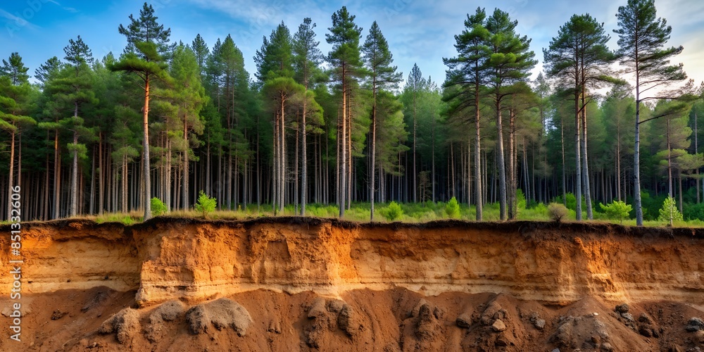 A cross-section of an under pine tree wood grows on soddy-podzolic soil ...