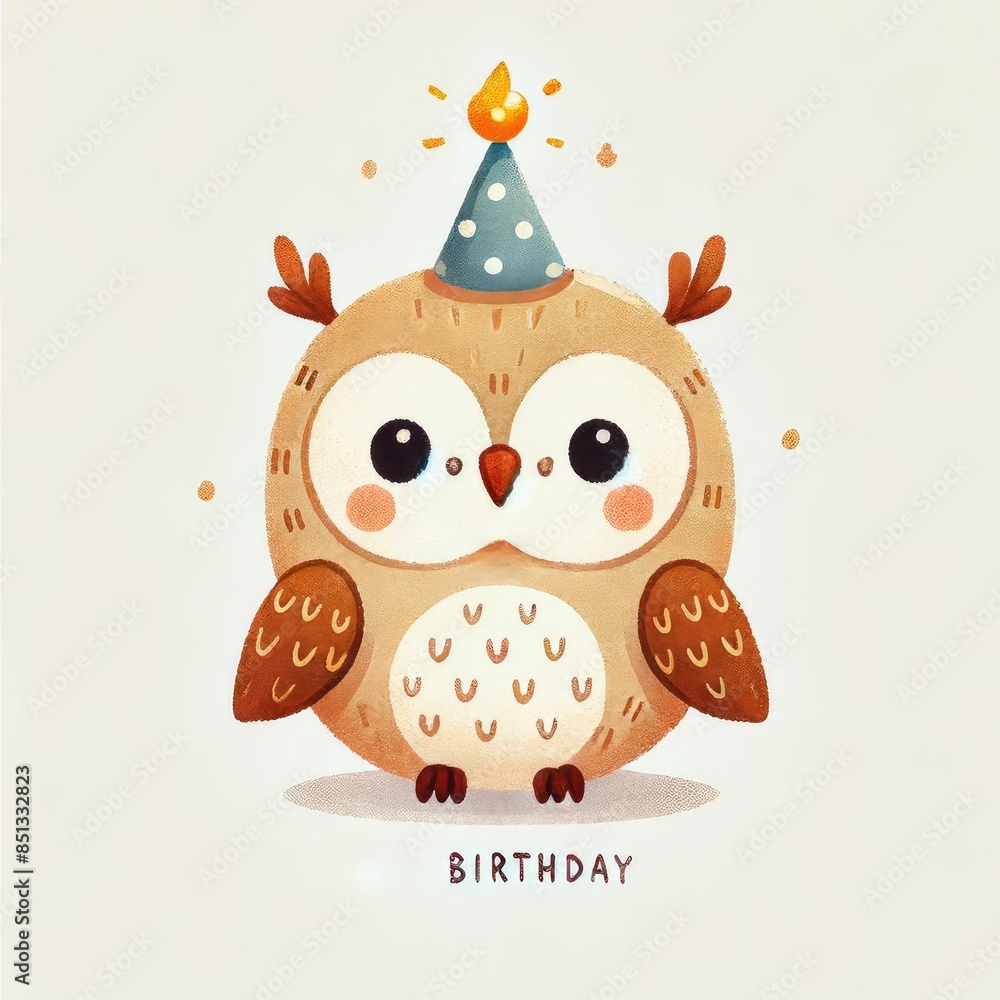 cute owl, birthday theme. earth tone color, watercolor illustration ...
