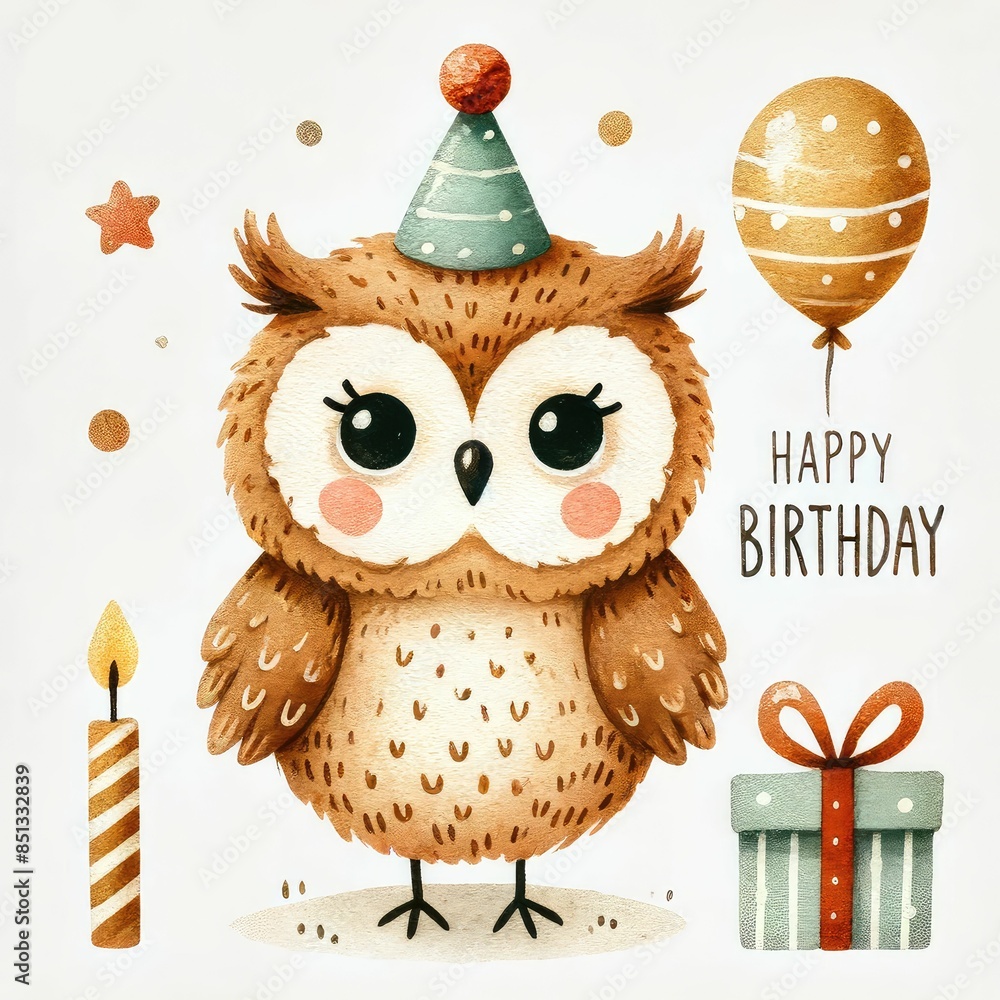 cute owl, birthday theme. earth tone color, watercolor illustration ...