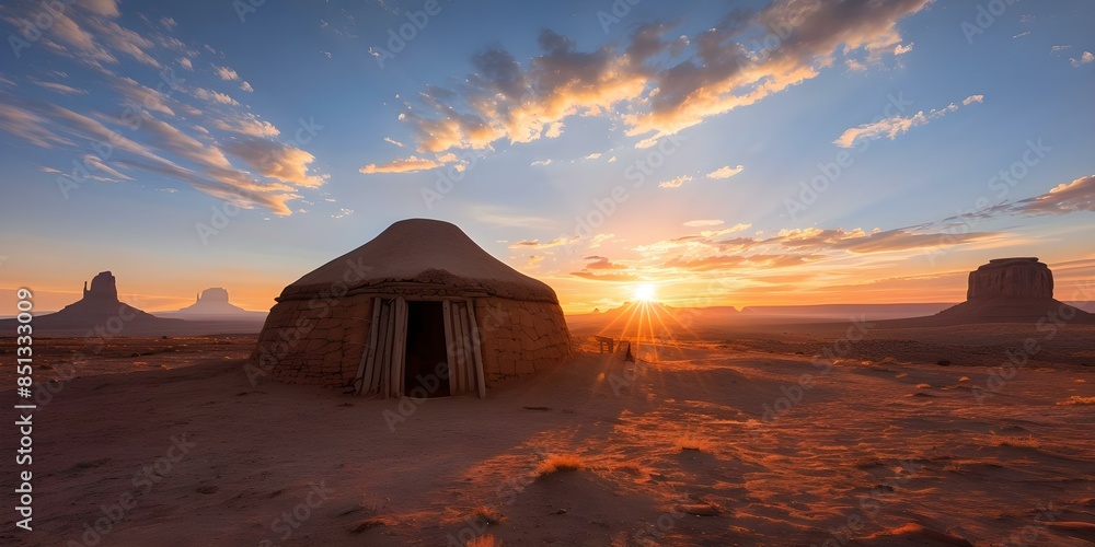 Sunset over a Navajo Hogan dwelling showcasing traditional Native ...