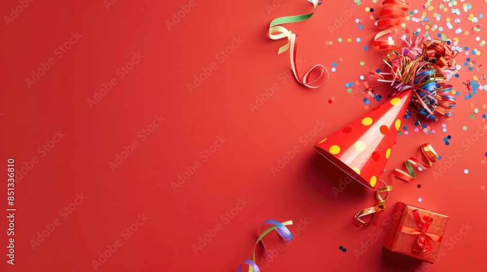 Birthday celebration background with birthday hat, gift box and ribbon ...